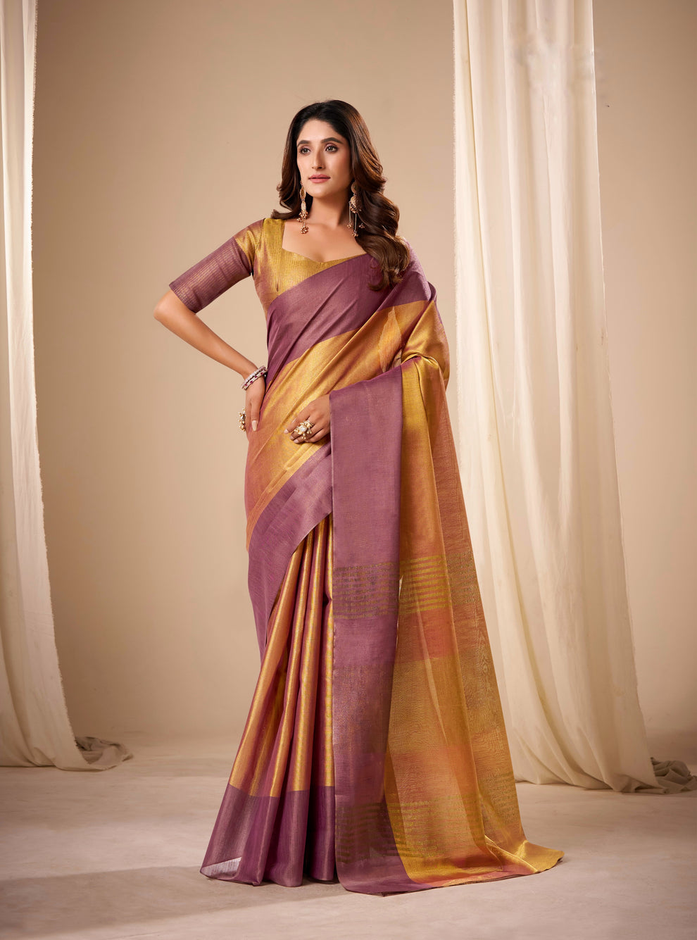 Dual tone Golden wine Plain Tissue Silk Readymade/Easy Saree ...