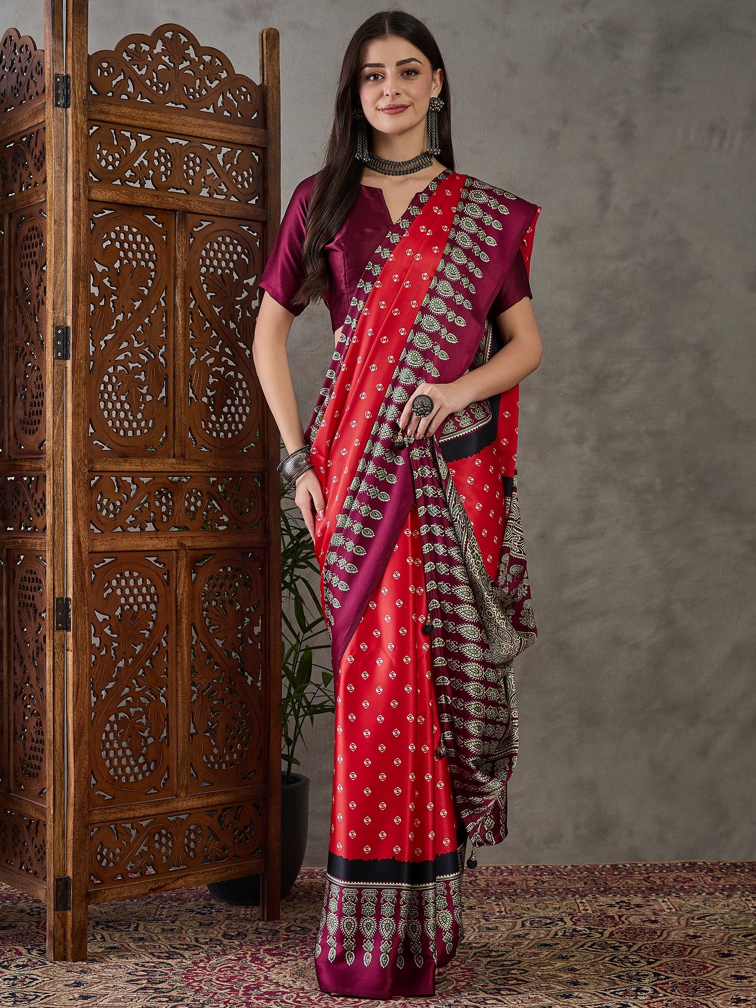 Red & Maroon Readymade Crepe Silk Saree – StylebyPanaaash
